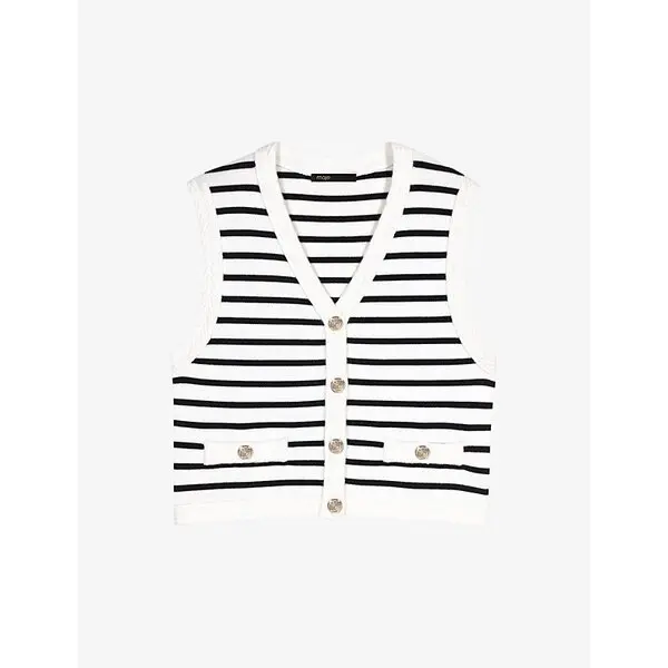 Maje V-neck Sleeveless Striped Stretch-knit Cardigan - Bleus