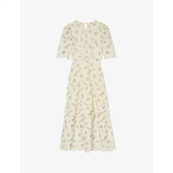 sandro embroidered maxi dress Sandro Floral-Embroidered Scalloped-Trim Woven Maxi Dress - Naturels
