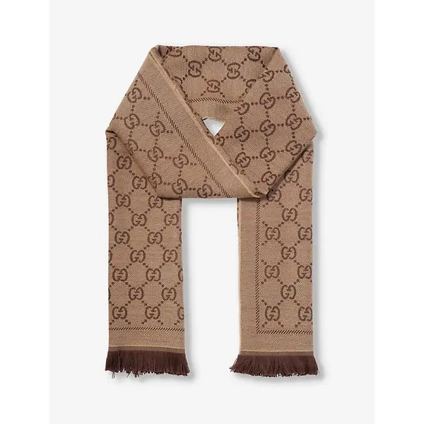 Gucci Monogram-pattern Fringed-trim Wool Knitted Scarf