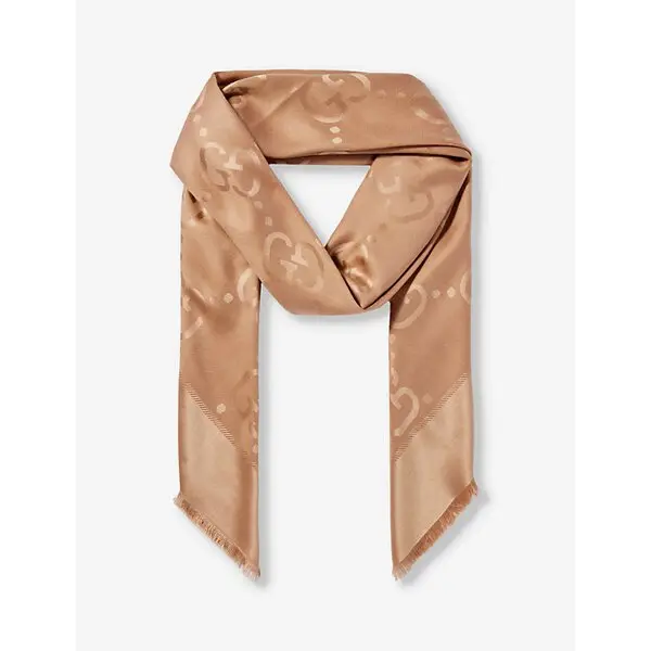 Gucci Brand-print Tasselled-trim Silk And Wool Blend Scarf