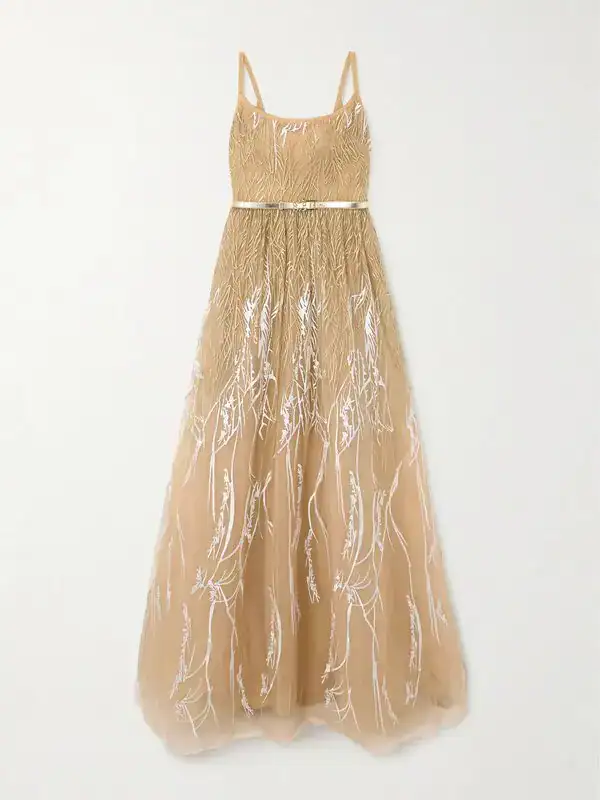 Elie Saab Belted Metallic Embroidered Tulle Maxi Dress In Gold - 60% Off |  Editorialist