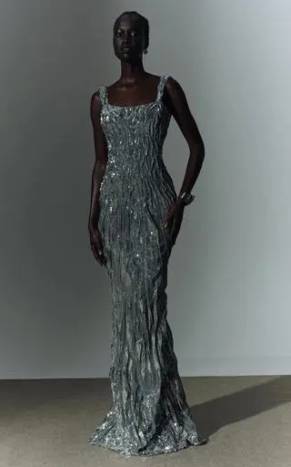 MARMAR HALIM Sequined Crinkled Silk Gown