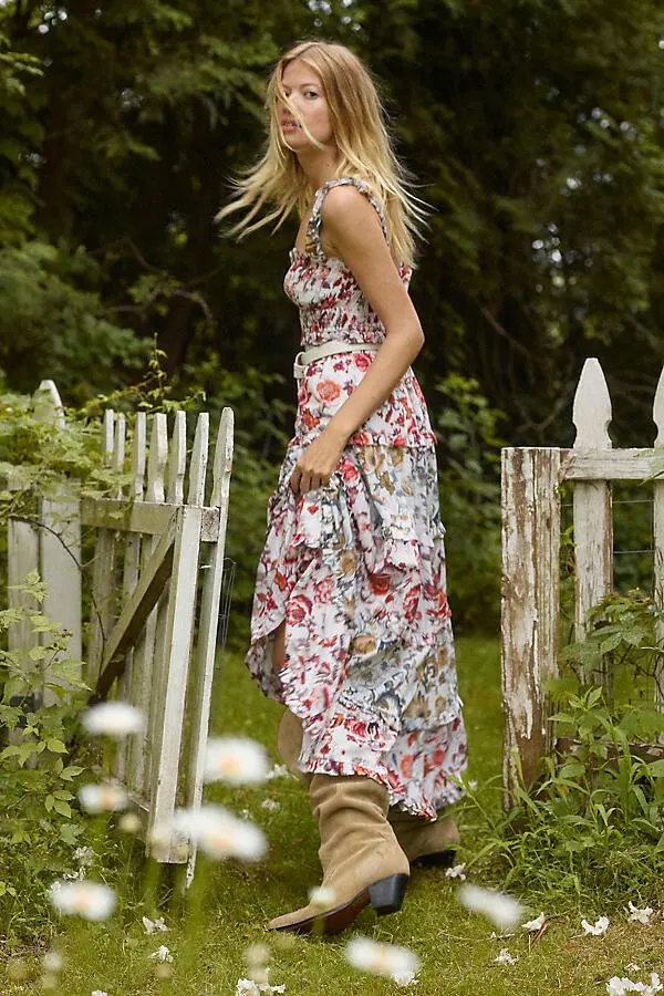 Anthropologie Sleeveless Square-Neck Ruffle Tiered Midi Dress In Multicolor  - 72% Off | Editorialist