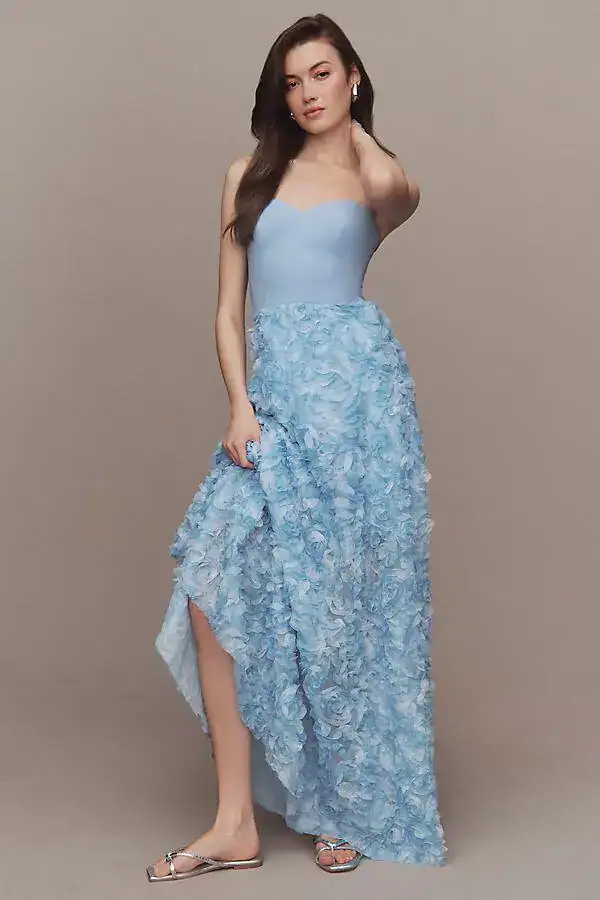 dress the population blue floral dress Audrina Sheer Gown – Dress the Population main image 0