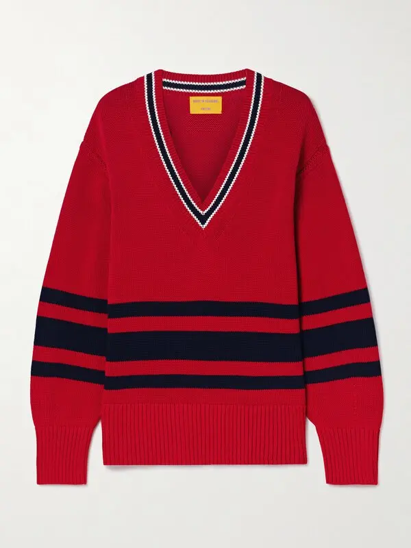 Guest In Residence Striped Knitted Cotton Sweater - Red