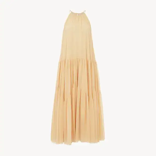 Chloé Long Gathered Silk Georgette Dress In Pink 30% Off