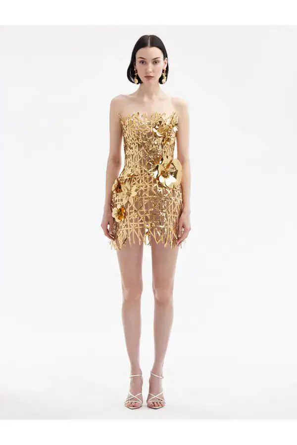 Oscar De La Renta Lattice Embroidered Mini Dress - Gold | Editorialist