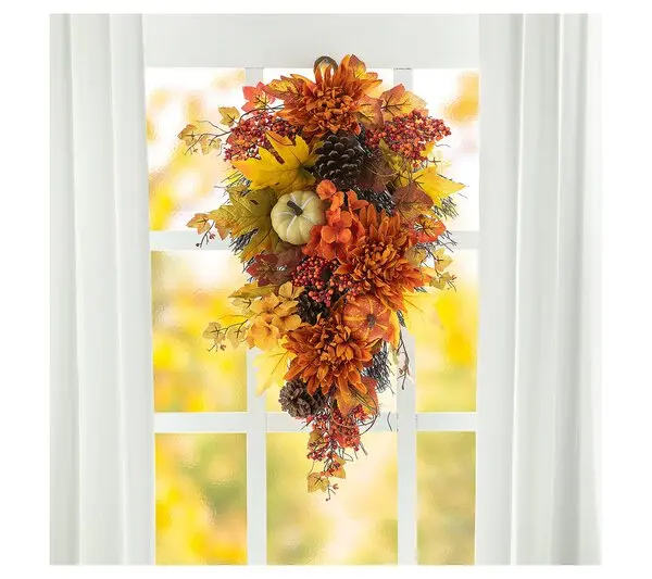 GLITZHOME 27'h Fall Dahlia Pumpkin, Leaf And B Erry Swag
