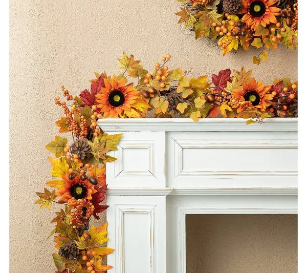 GLITZHOME 6' Fall Sunflower, Maple Leaf And Ber Ry Garland