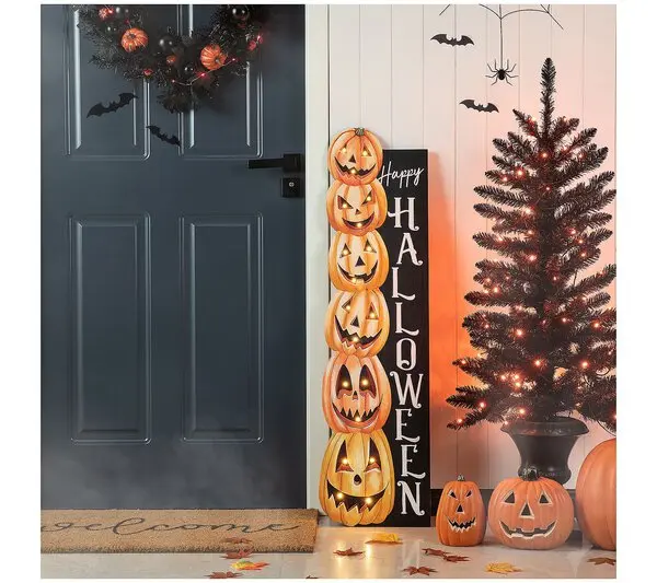 GLITZHOME 42'h Lighted Halloween Stacked Pumpki Ns Porch Sign