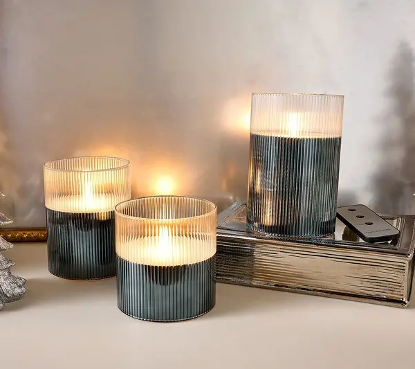 FIERCE HOME Set Of 3 Ribbed Glass Flamelesscandles