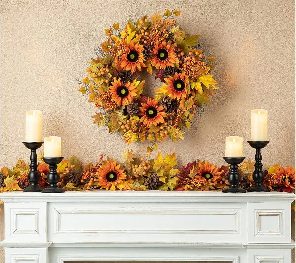GLITZHOME 24'd Fall Sunflower, Maple Leaf And B Erry Wreath