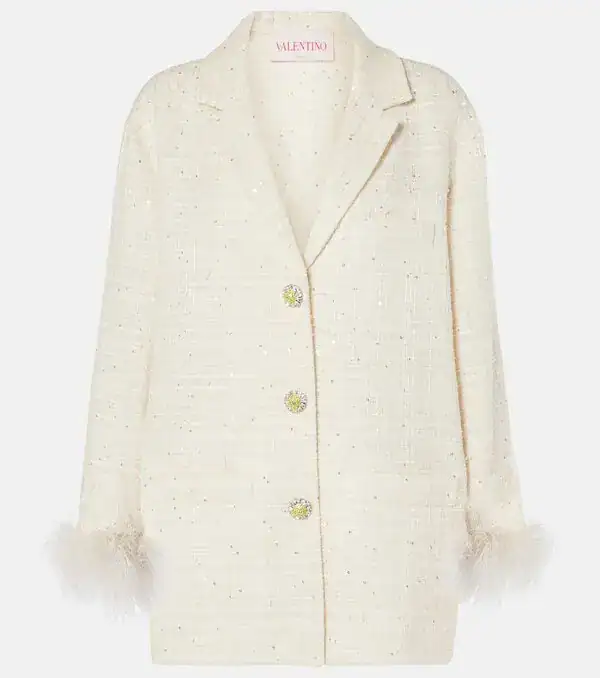 Valentino Garavani Mossi Feather-Trimmed Tweed Jacket In White
