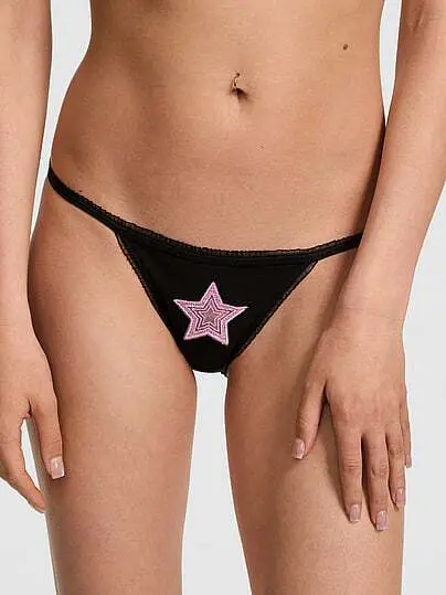 Pink Cotton Lace-trim String Bikini Panty - Black