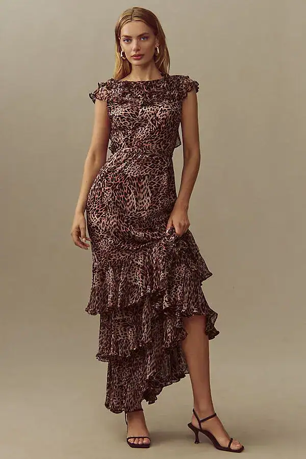 rixo brown dress Amari Satin Midi Dress in Mila Leopard Brown