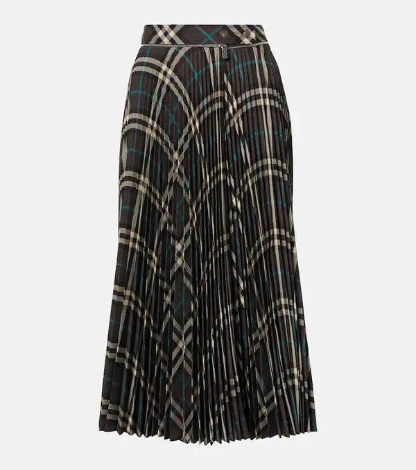 Burberry Pleated Checked Midi Skirt - Green