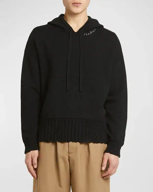 Marni Distressed Knit Logo Hoodie Black Editorialist