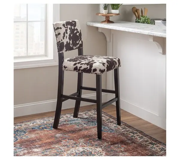 LINON Home Clark Upholstered Nailhead Cow Print Bar Stool