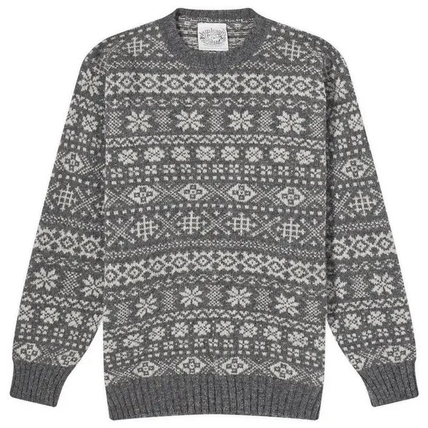 JAMIESON'S OF SHETLAND Snowflake Fair Isle Crew Knit - Heron/pebble