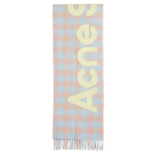 Acne Studios Veda Logo Check Scarf - Camel Beige/acid Green