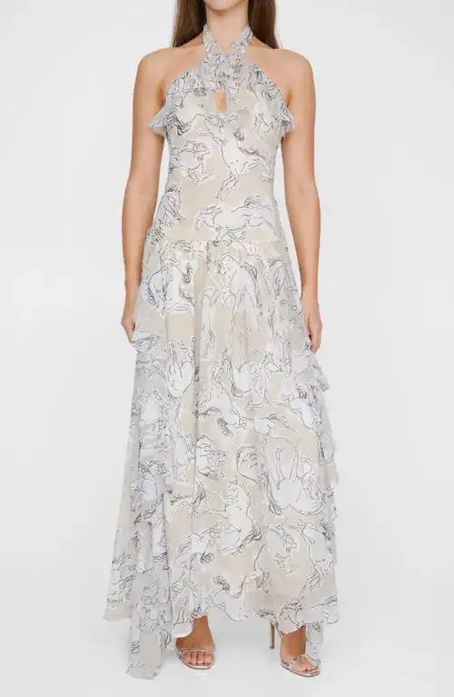 Nasty Gal Stallion Print Ruffle Halter Maxi Dress In Beige - 45% Off |  Editorialist