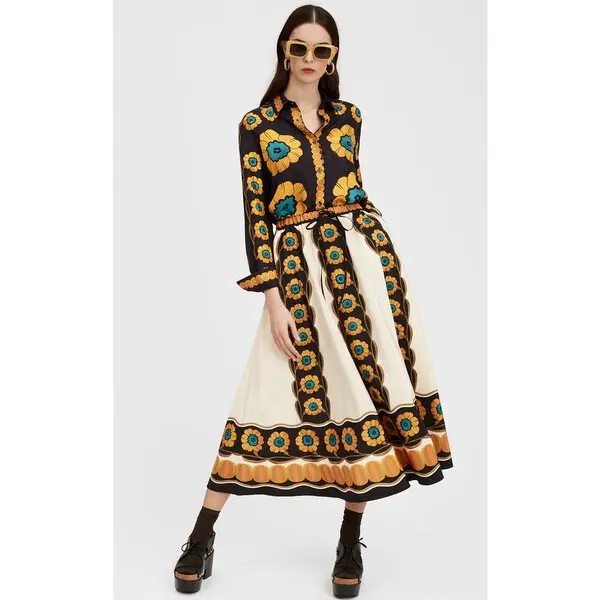 La DoubleJ Printed Faille Skirt - Daisychain Placée Orange