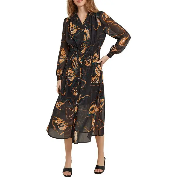 Misook Print Smocked Waist Midi Dress