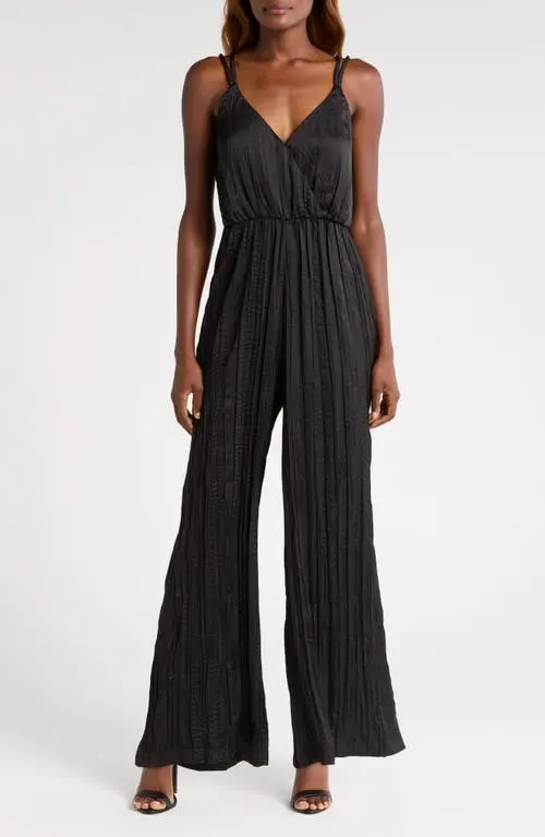 Astr The Label Surplice Neck Plissé Jumpsuit - Black