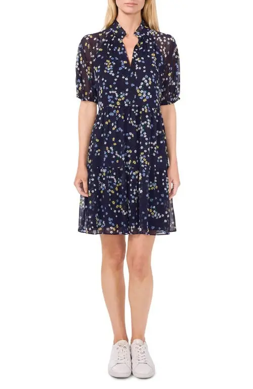 Cece Dupraz Floral Print Puff Sleeve Dress - Classic Navy Blue |  Editorialist