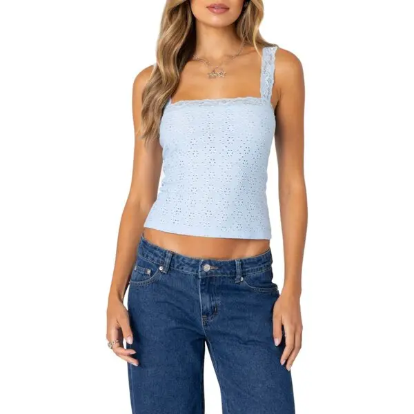 EDIKTED Virginia Lace Trim Eyelet Tank Top - Light-blue