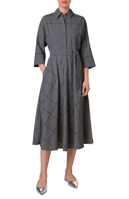 Akris Windowpane Check Belted Midi Shirt Dress