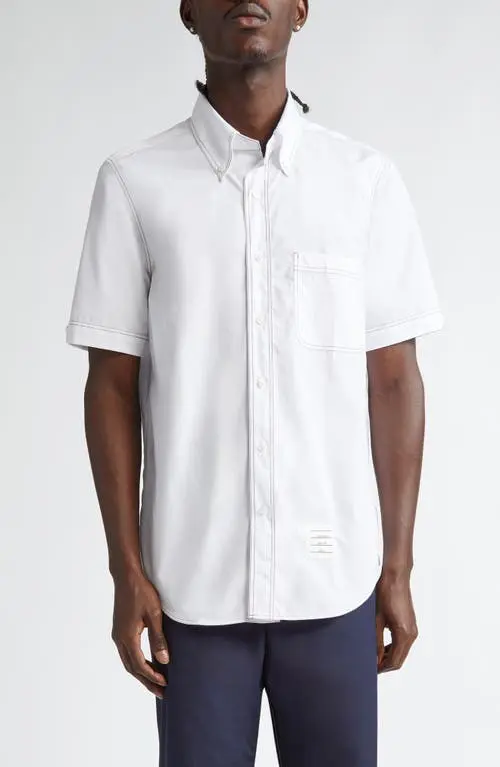 Thom Browne Straight Fit Short Sleeve Cotton Poplin Button-down Shirt