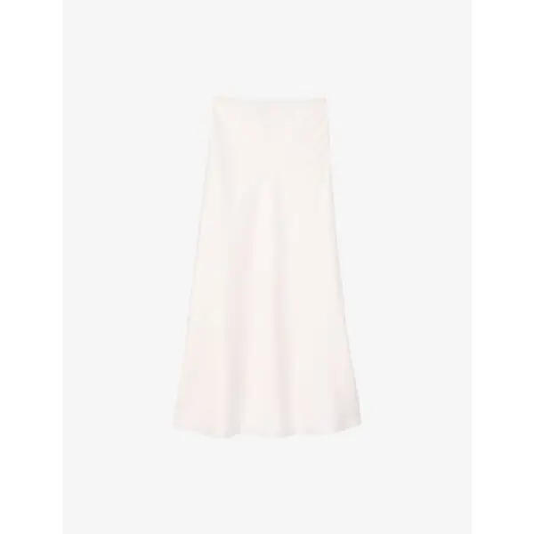 Sandro Logo Lace-waistband Floaty-hem Satin Midi Skirt - Naturels
