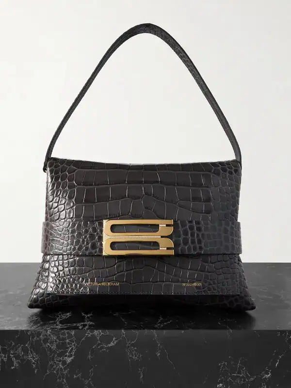 Victoria Beckham B Buckle Croc-Effect Leather Shoulder Bag In Gray