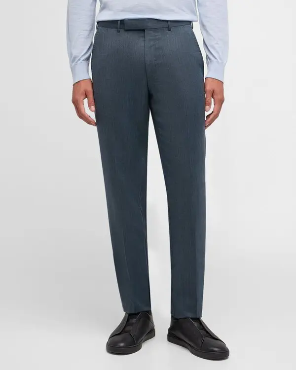 Zegna Solid Trofeo Flat-front Trousers - Md Blu Sld
