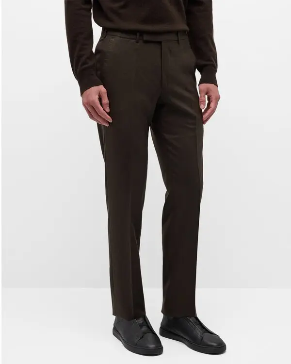 Zegna Solid Pure Wool Flat-front Trousers - Dk Brw Sld