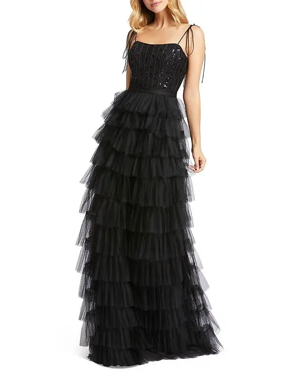 Mac Duggal Sequined Bustier Tiered Gown