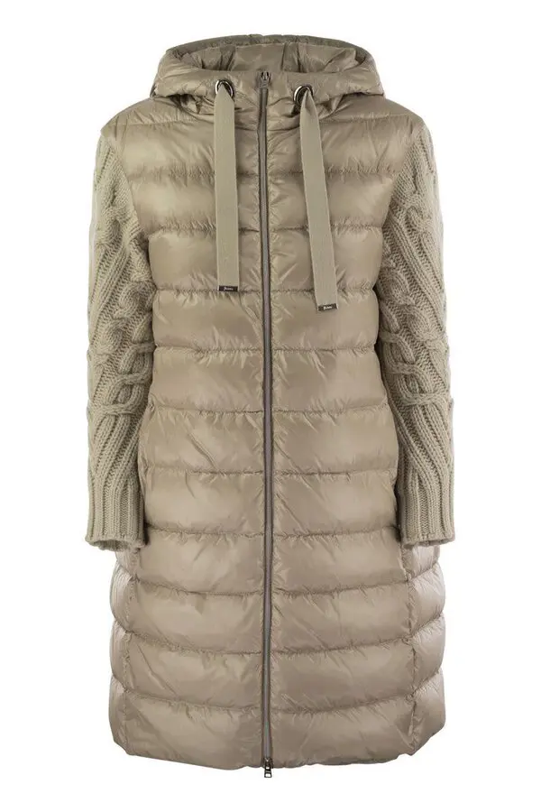 Herno Long Down Jacket With Wool Sleeves - Beige