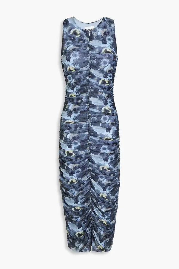 GANNI Ruched Floral-print Midi Dress - Light Blue