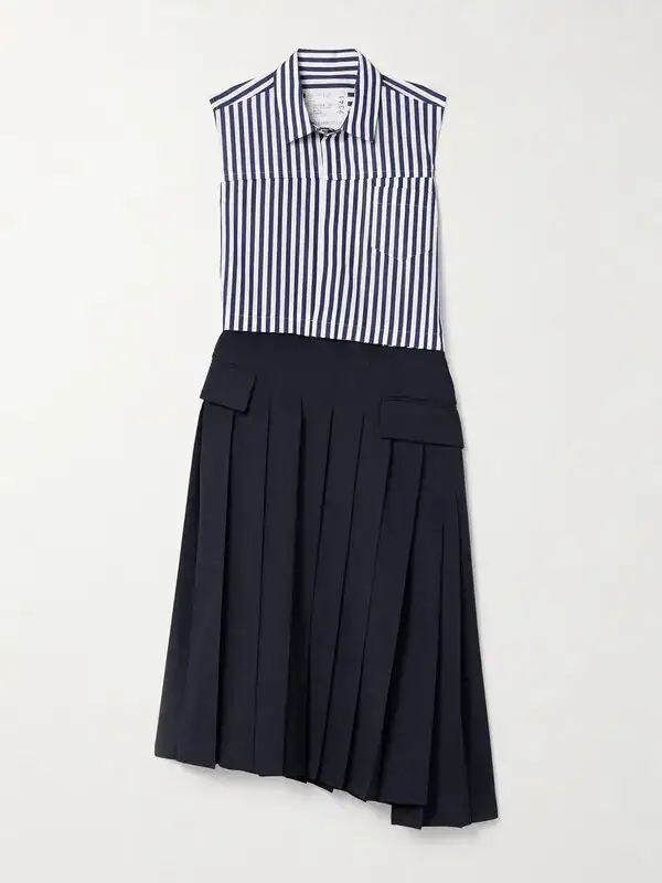 Sacai Striped Asymmetric Pleated Midi Dress In Blue - 50% Off | Editorialist