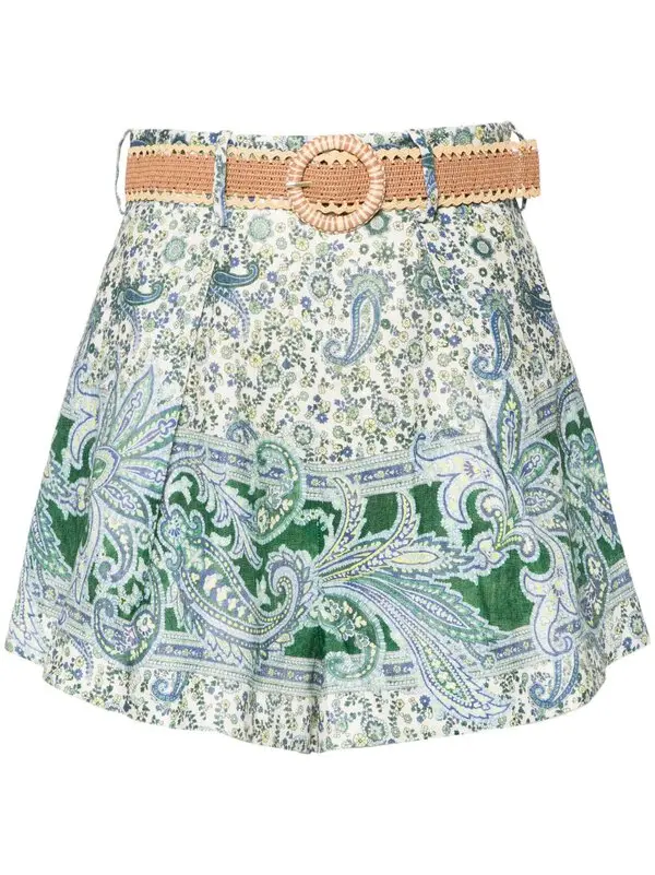Zimmermann Paisley Print Linen Shorts - Green