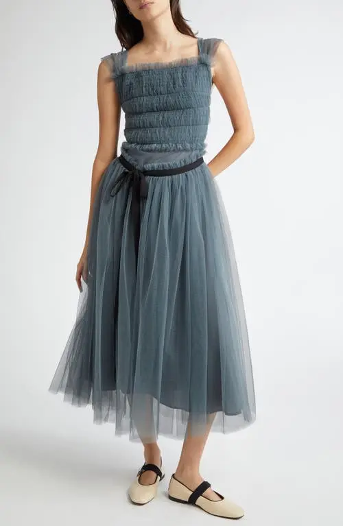 grey tulle midi dress PRETTYGARDEN Women's Smocked Tulle Midi Dress Square Neck Puffy Short