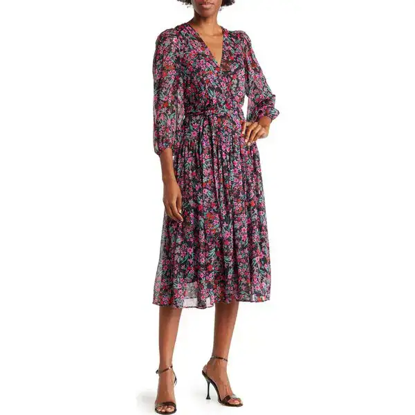 Calvin Klein Ditsy Floral Print Tie Waist Dress - Black Multi | Editorialist