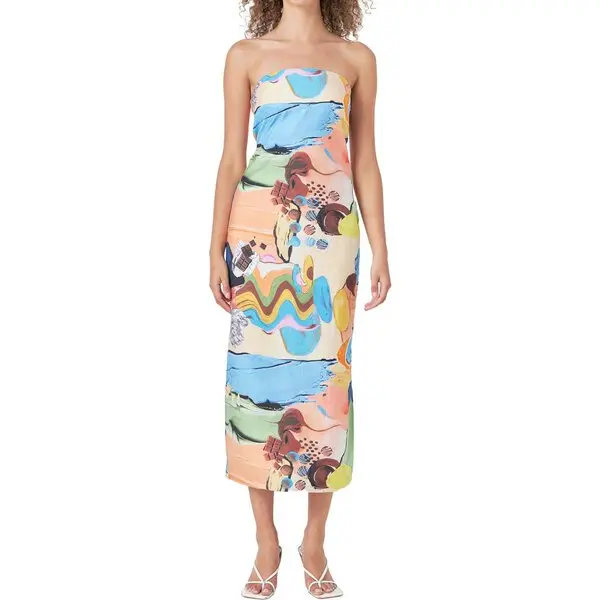 Endless Rose Abstract Print Strapless Dress - Beige Multi