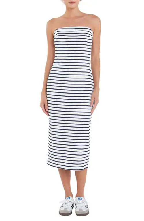 English Factory Stripe Strapless Cotton Midi Dress