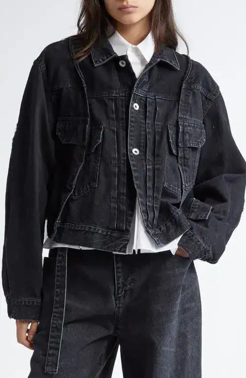 Sacai Offset Flared Denim Jacket - Black | Editorialist