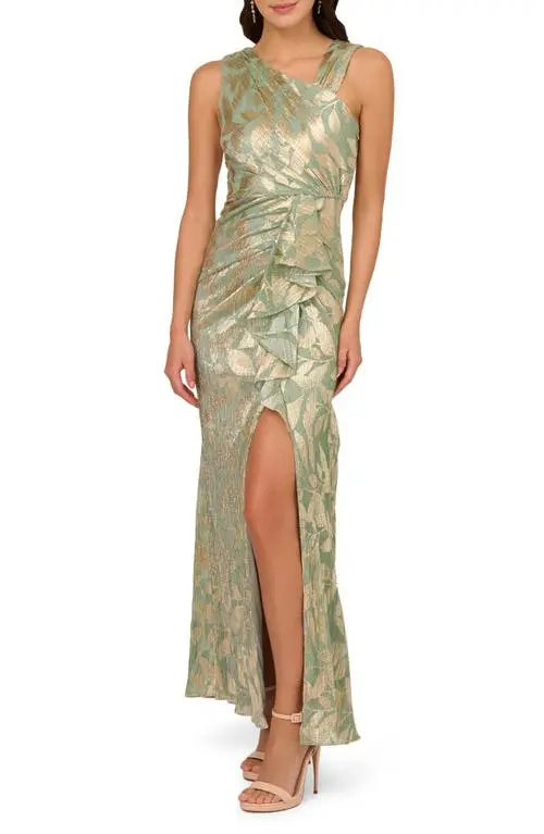 Adrianna Papell Foil Asymmetric Neck Gown - Sage/gold