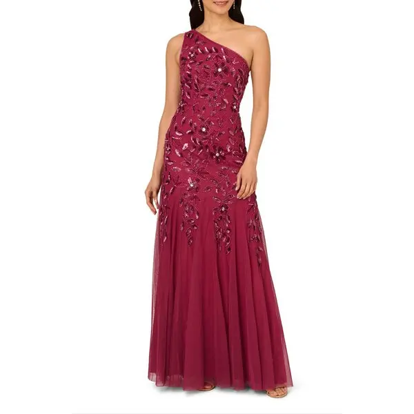 Adrianna Papell Beaded Mesh One-Shoulder Gown - Shiraz | Editorialist