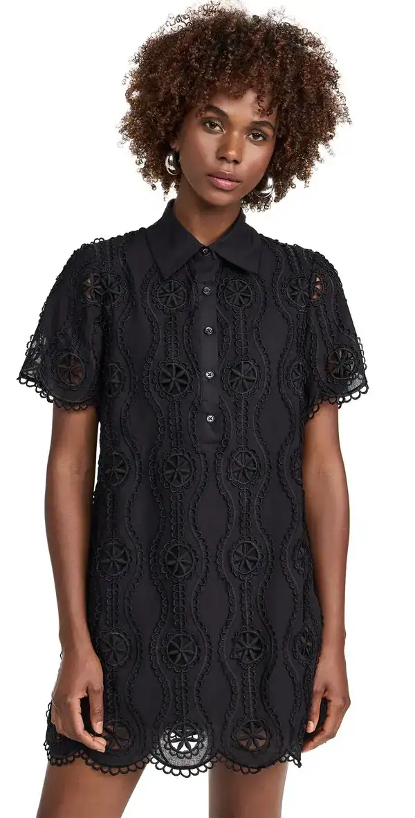 English Factory Scallop Embroidered Cotton Mini Shirt Dress In Black |  Editorialist