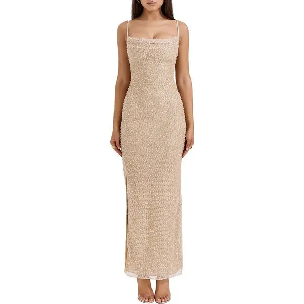 House Of Cb Calla Beaded Mesh Overlay Gown - Bleached Sand